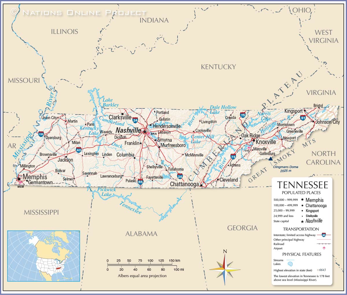 Map of the State of Tennessee, USA - Nations Online Project